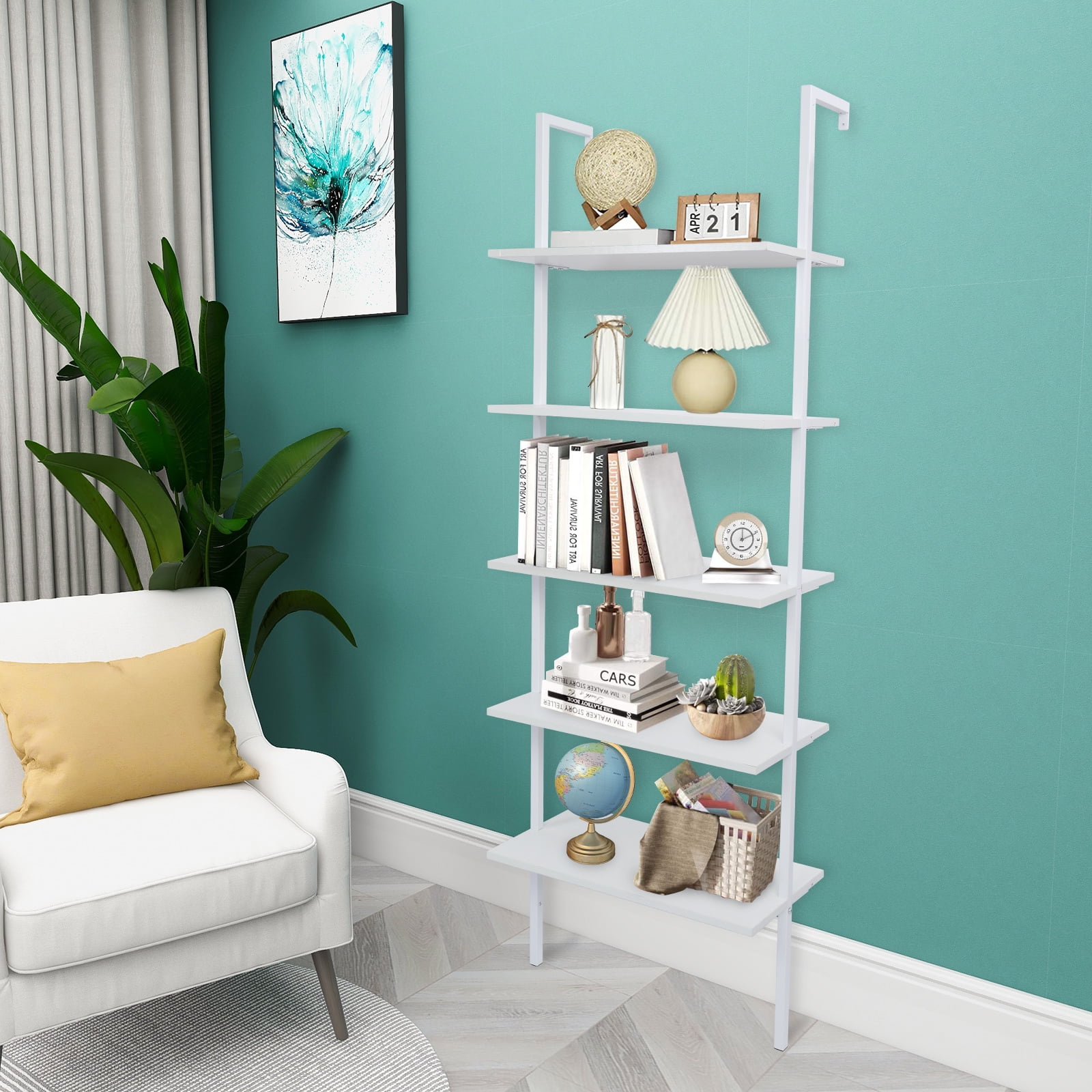 5 Shelf Wood Modern Bookcase Open Wall Mount Ladder Bookshelf with ...