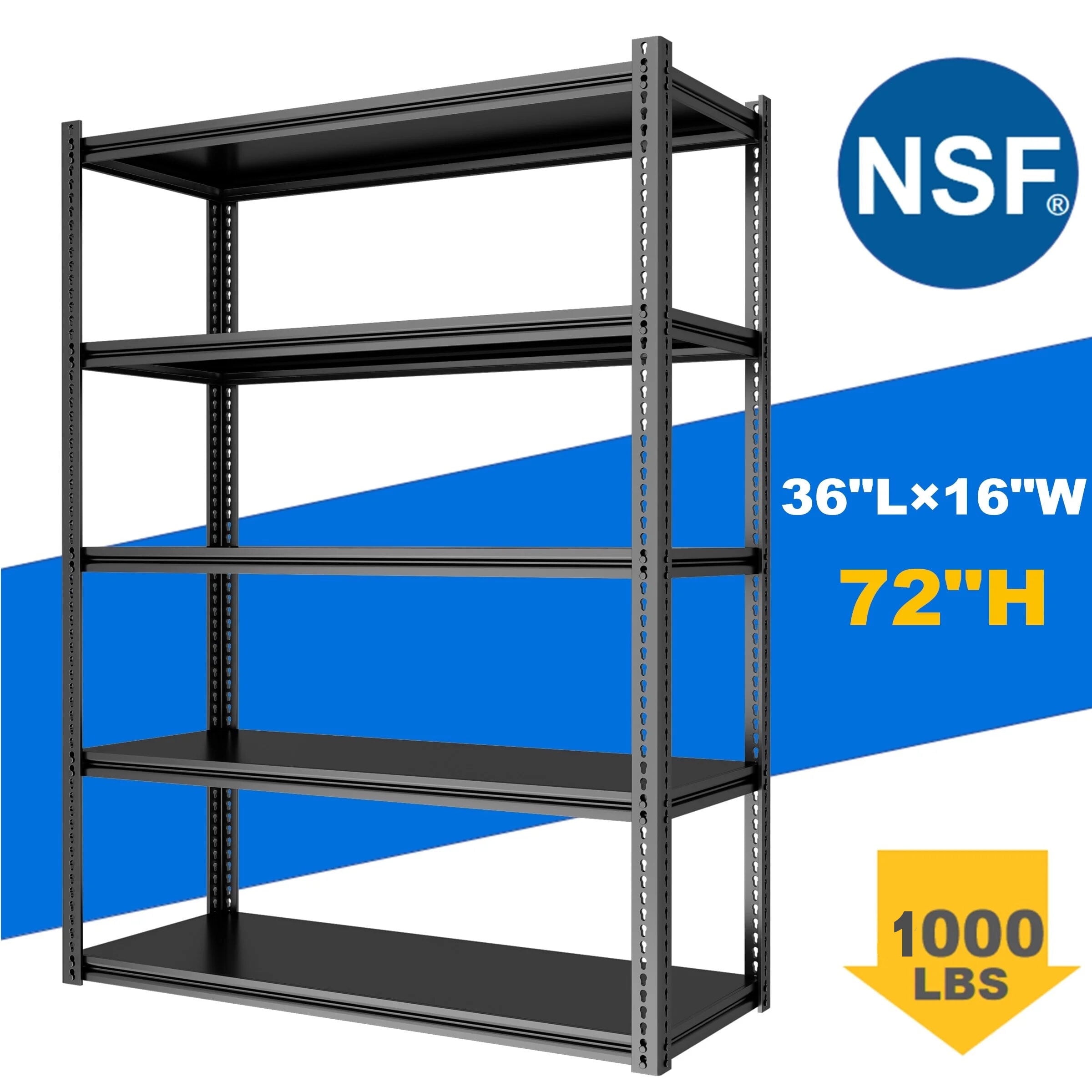 5 Shelves Adjustable Storage Black Shelves, 72" Tall Metal Shelving ...