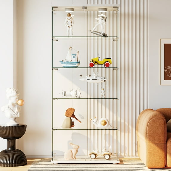 5 Shelves Display Cabinet, Tempered Glass Curio Showcase with LED Light ...