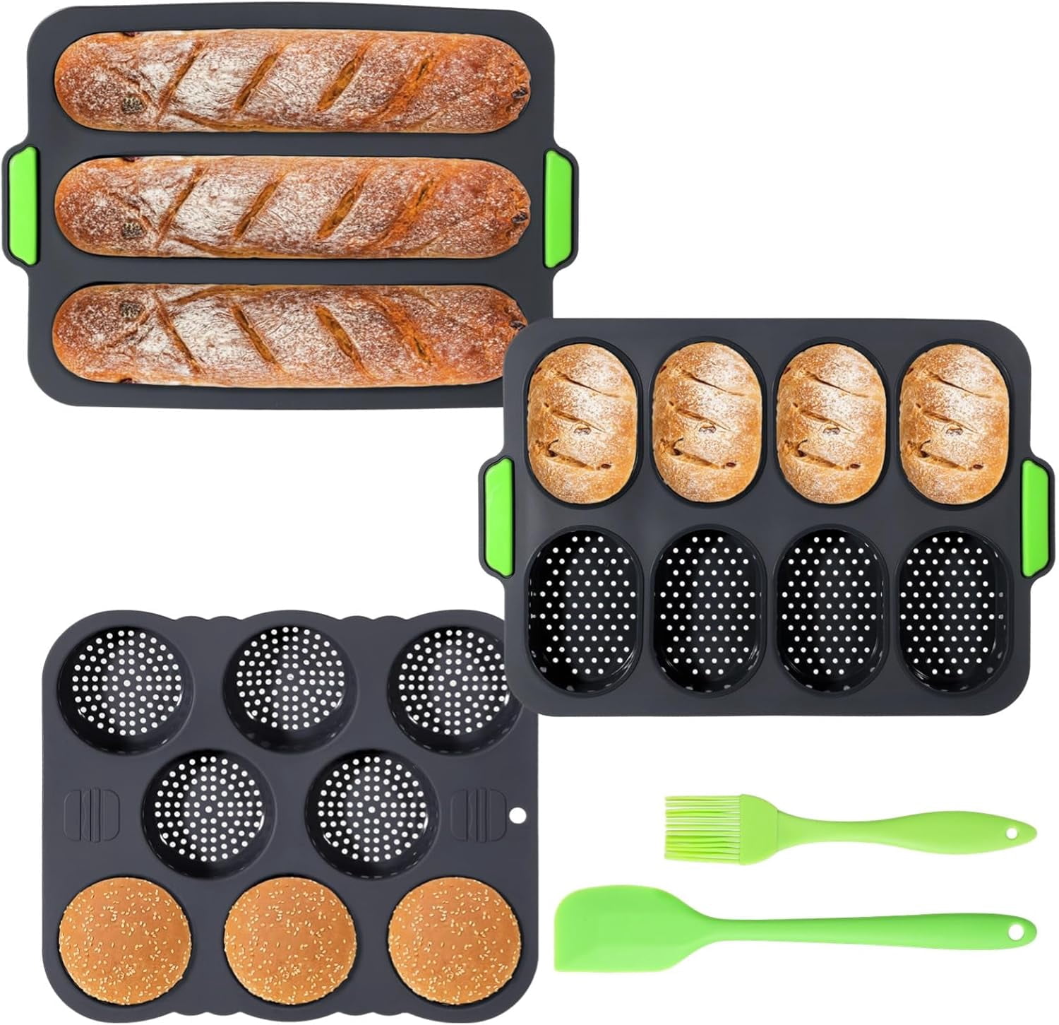 5 Silicone Baking Molds for French Bread Including 3-Grid Loaf Pan and ...