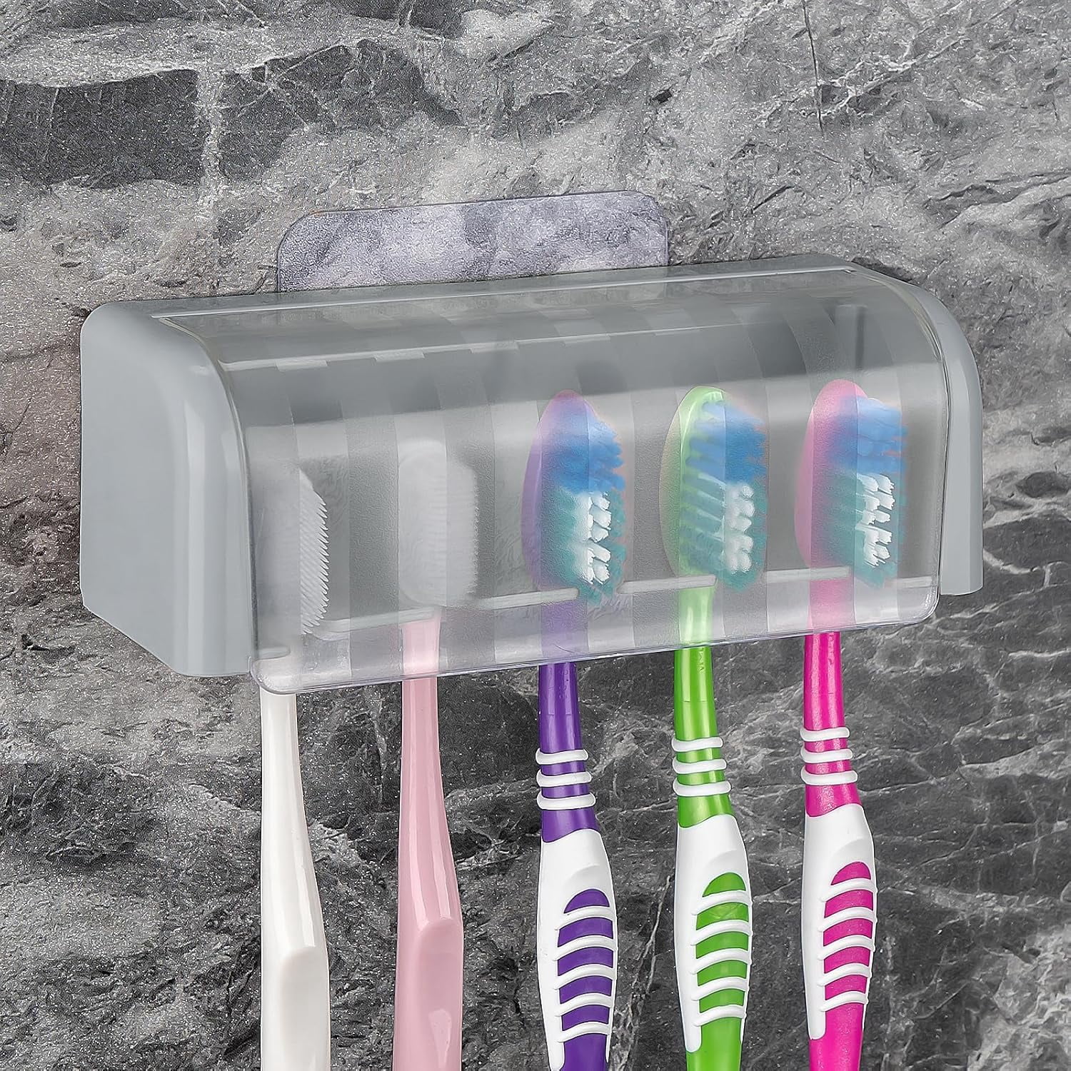 5 Slots Wall Mount Toothbrush Holder with Cover, Self Adhesive ...