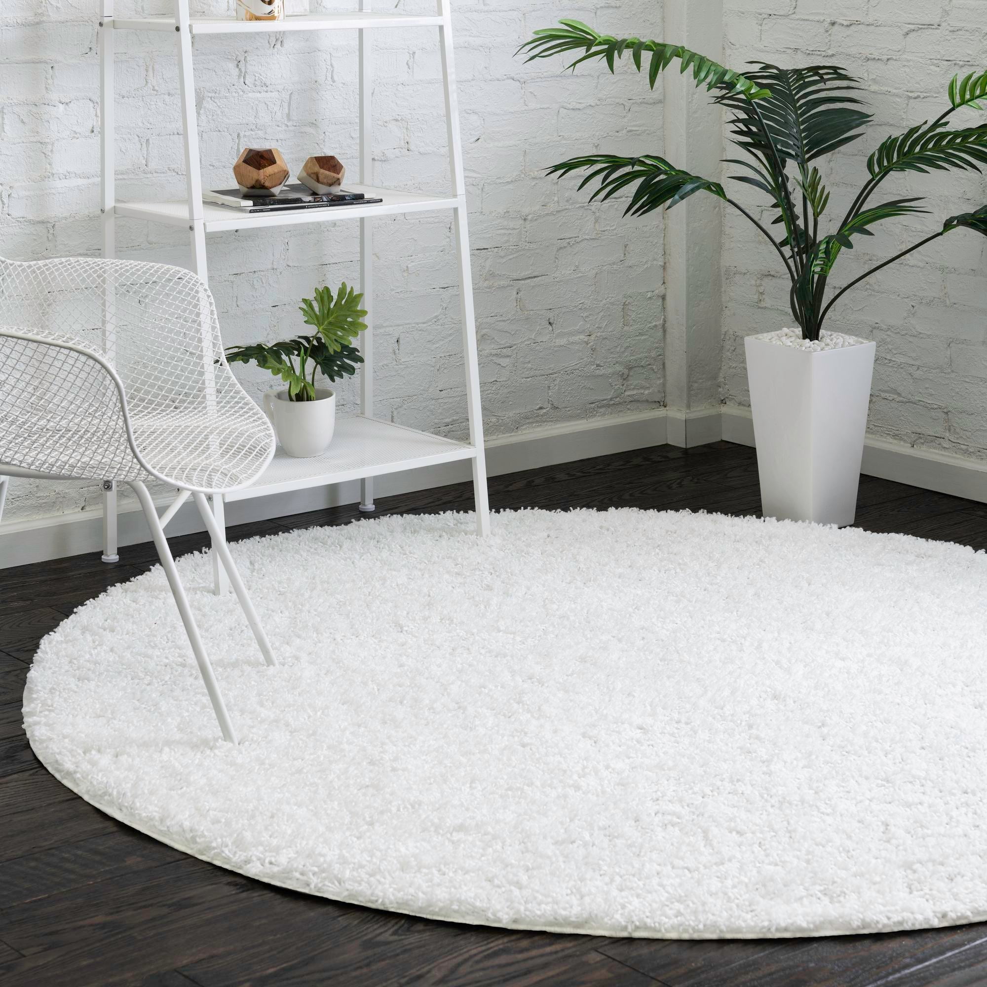 Unique Loom Everyday Shag Collection Area Rug - Solid (5' Round Snow ...