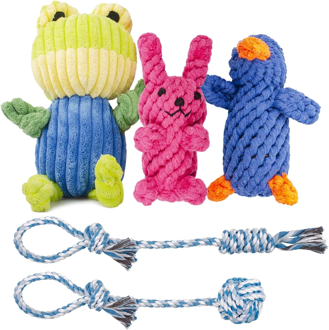 5 Squeaky , Tough Stuffed Plush and Rope Puppy Set for Small Medium ...