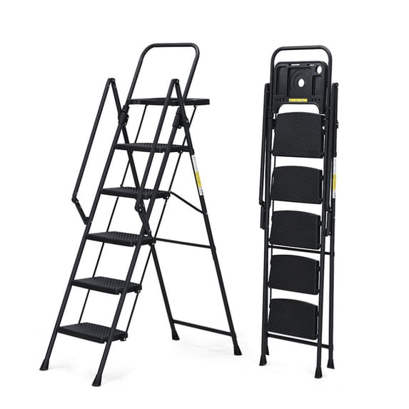 5-Step Foldable Steel Ladder, Step Stool with Detachable Tool Tray ...