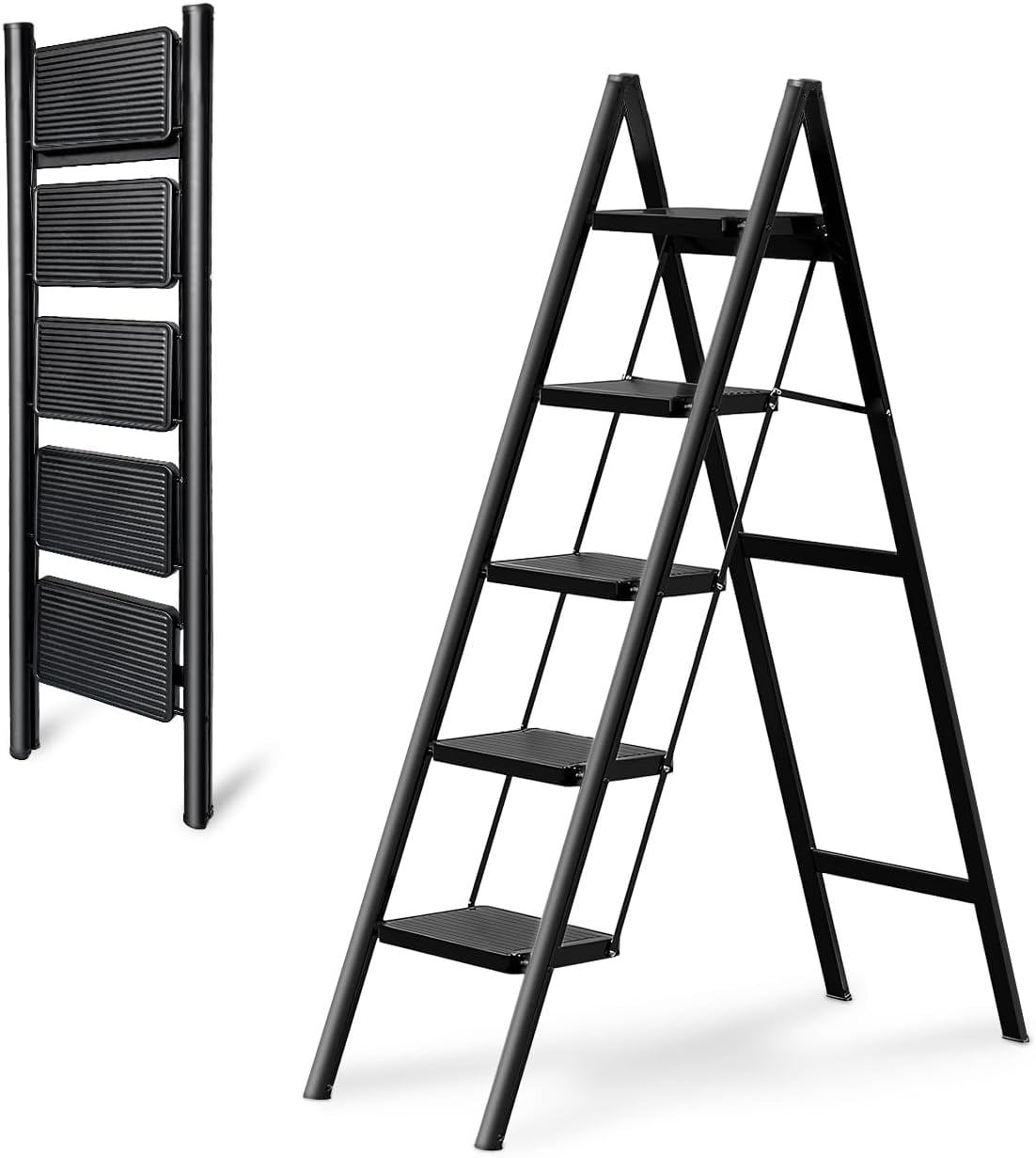5 Step Folding Heavy Duty Step Ladder, 330 Lbs Load, Black, Iron ...