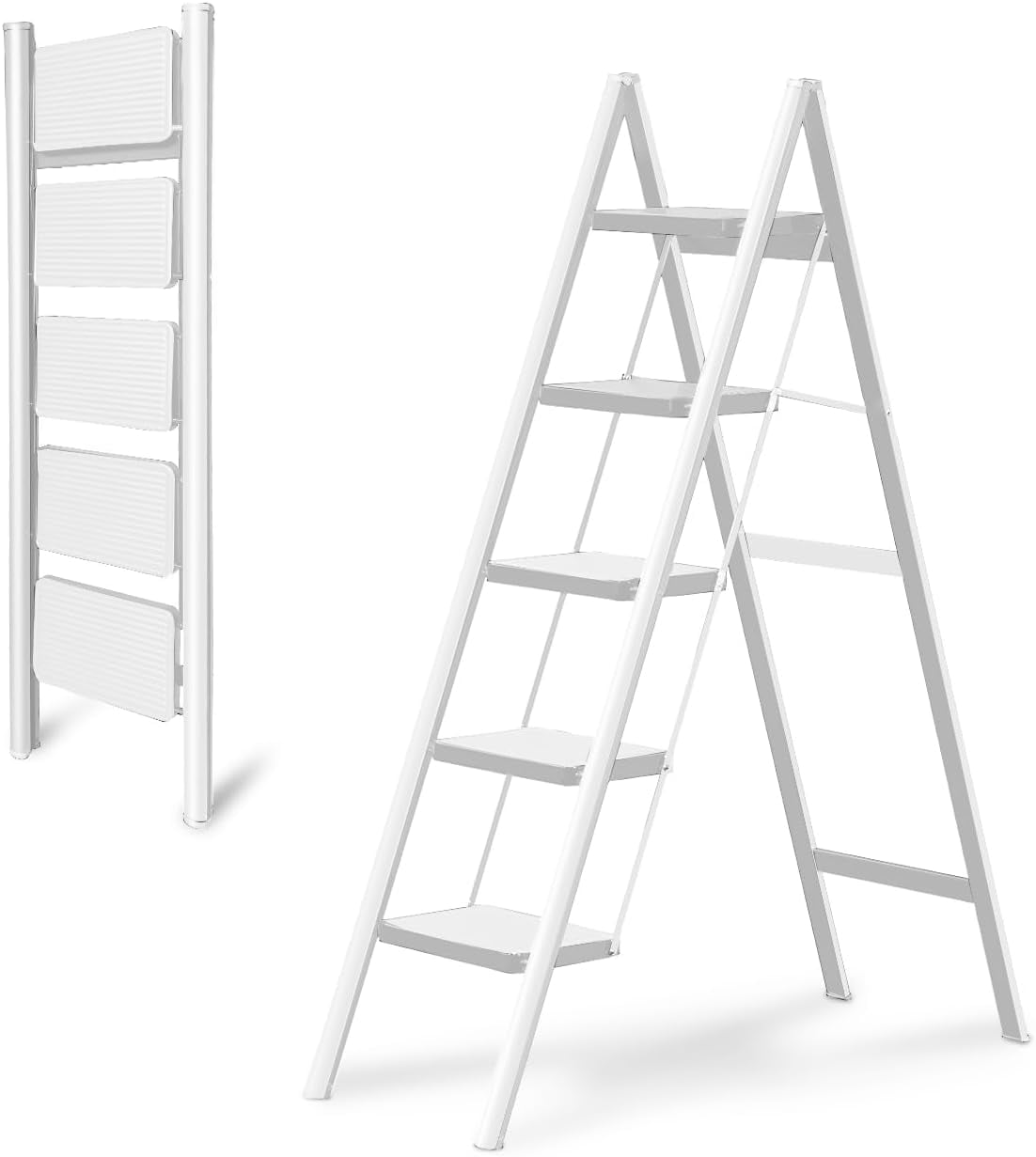 5 Step Folding Heavy Duty Step Ladder, 330 Lbs Load, Black, Iron ...