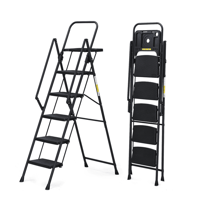 5-Step Folding Ladder with Tool Tray - Lightweight Steel Step Stool ...