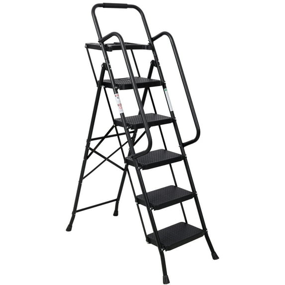 5 Step Ladder, 330LBS Capacity Folding Steel Step Stool with Handrail ...