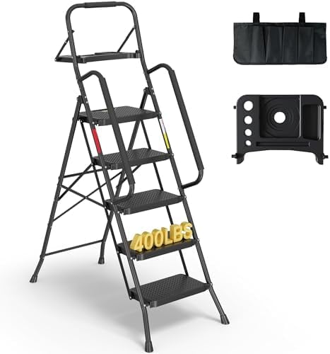 5-Step Ladder, 400lbs Max Load, Folding Step Stool with Tool Tray, Tool ...