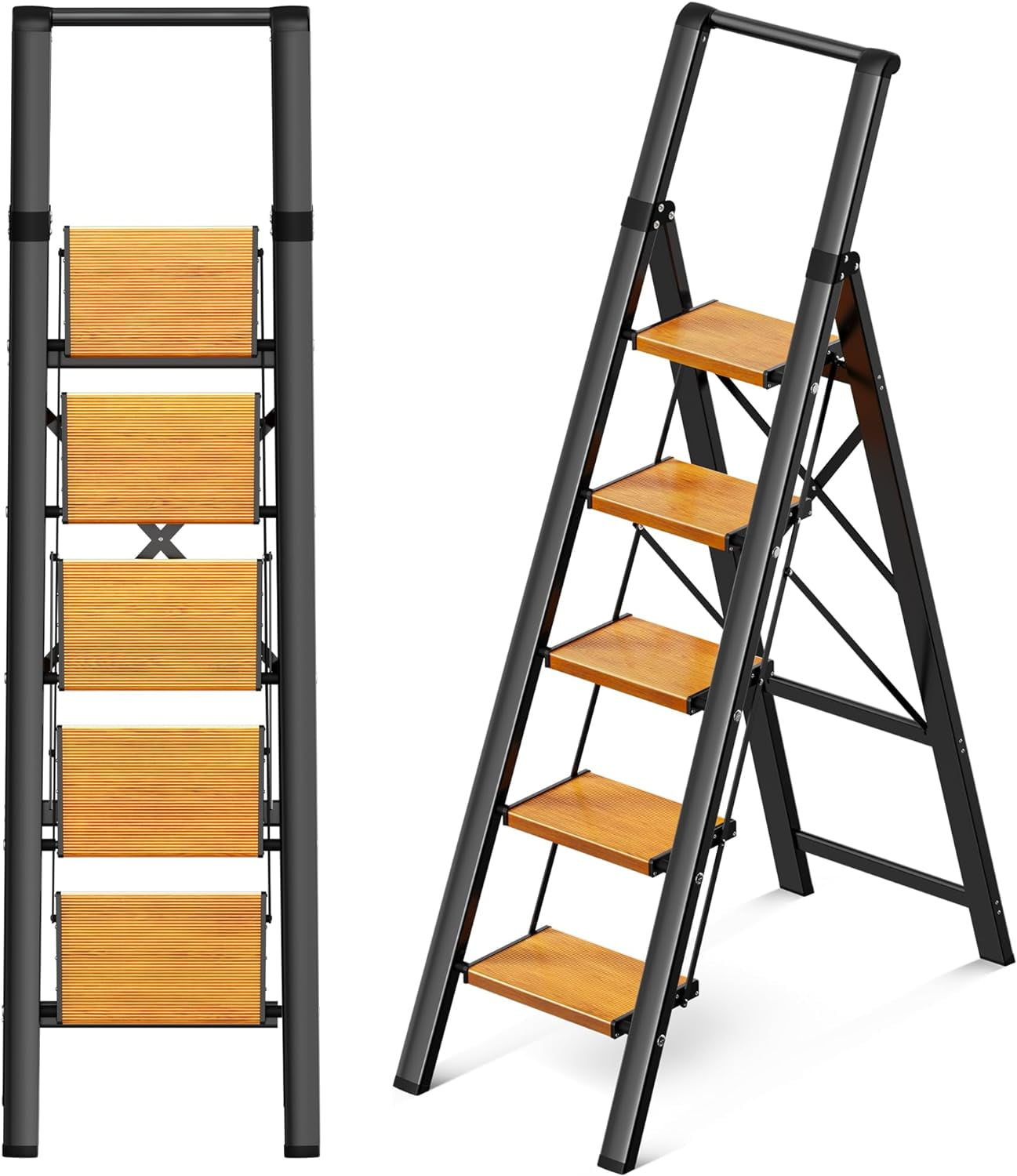 5 Step Ladder, Aluminum Folding Step Stool with Anti-Slip and Wide ...
