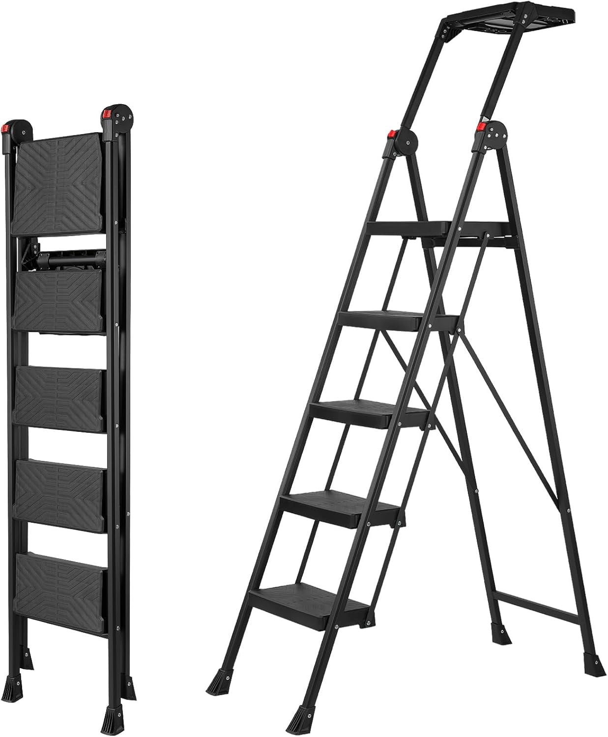 5 Step Ladder, Foldable Handrail & Tool Tray Stool Ladders with Anti ...
