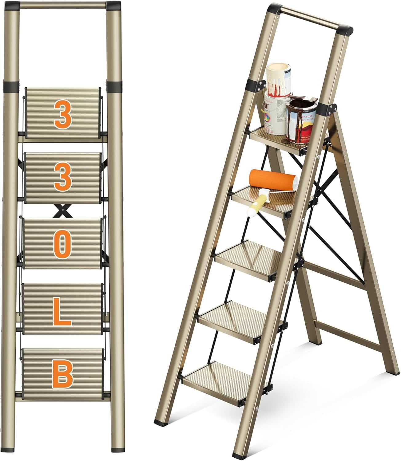 5 Step Ladder, Foldable Step Stool, Aluminum Step Ladder with Anti-Slip ...
