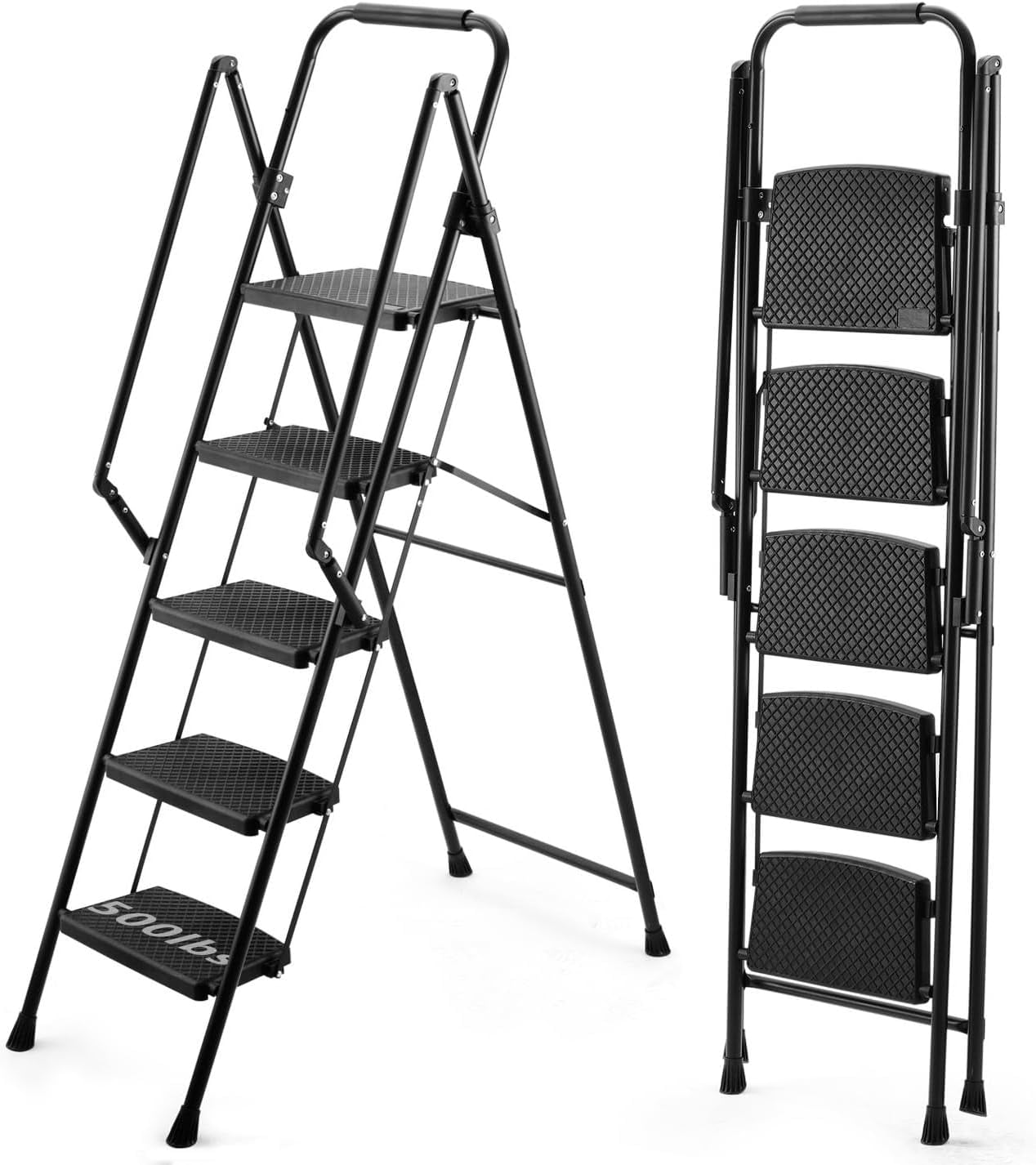 5 Step Ladder, Folding 5 Step Stool with Handrails, Sturdy Steel Ladder ...