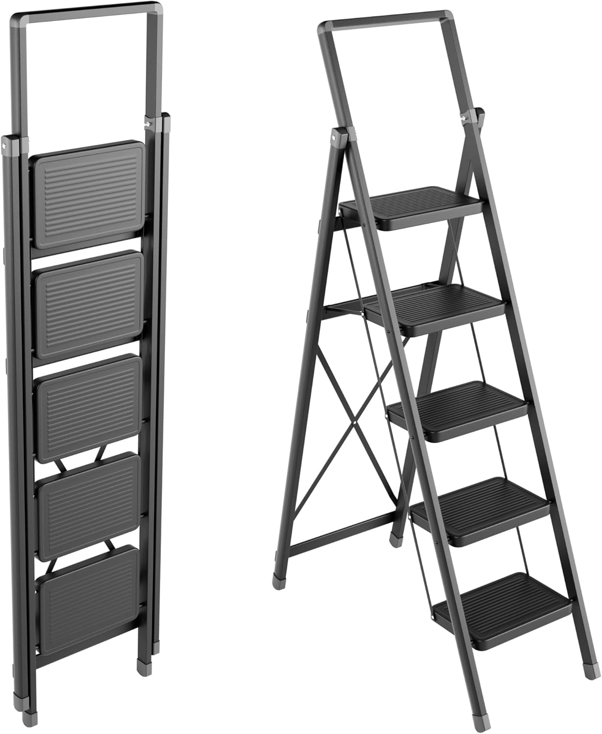5 Step Ladder, Folding Step Stool with Wide Anti-Slip Pedal, Sturdy ...