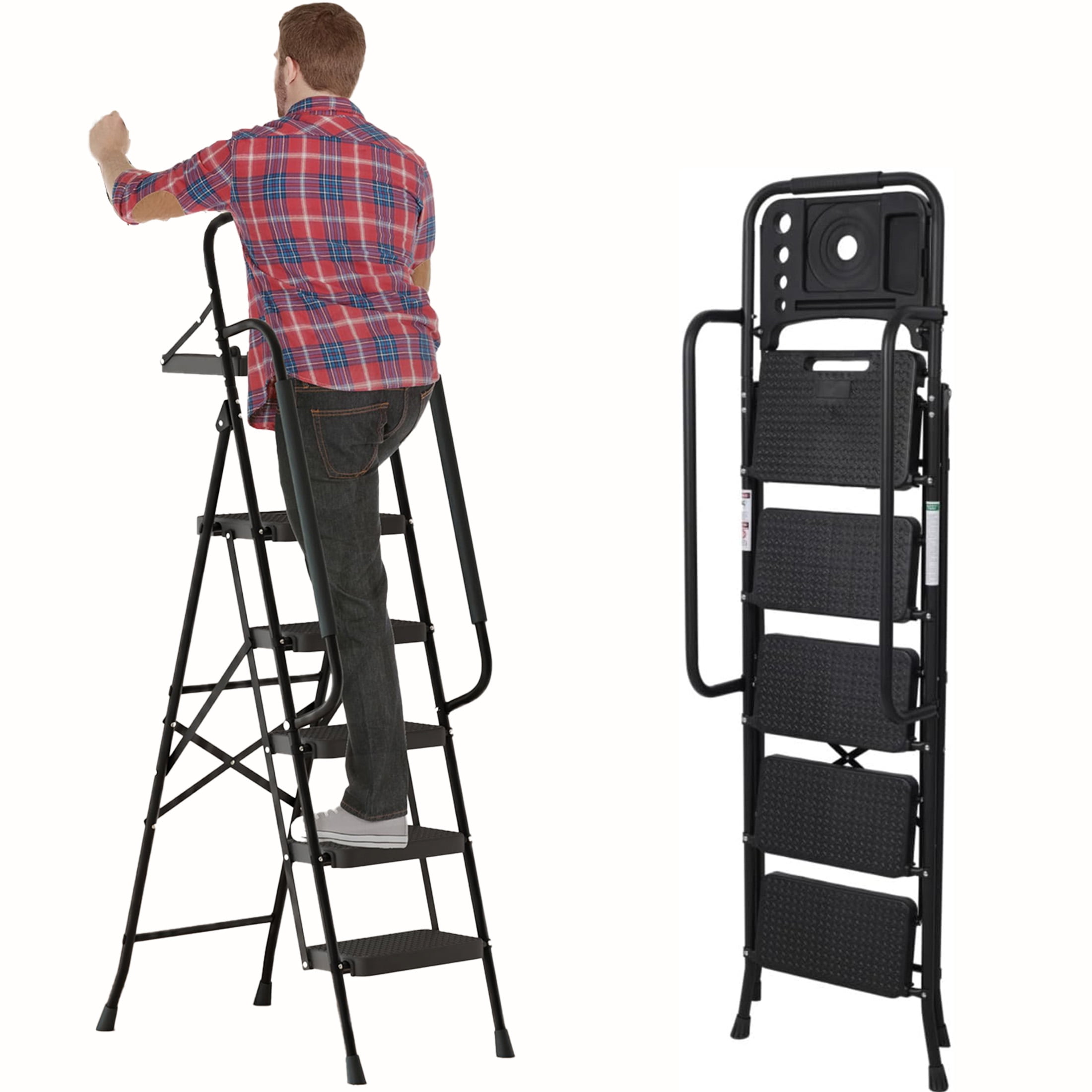 5 Step Ladder with Handrails, Foldable Ladder with Tool Plateform ...