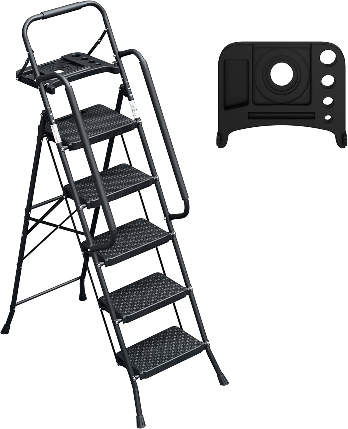 5 Step Ladder with Handrails Folding Step Stool with Tool Plateform ...