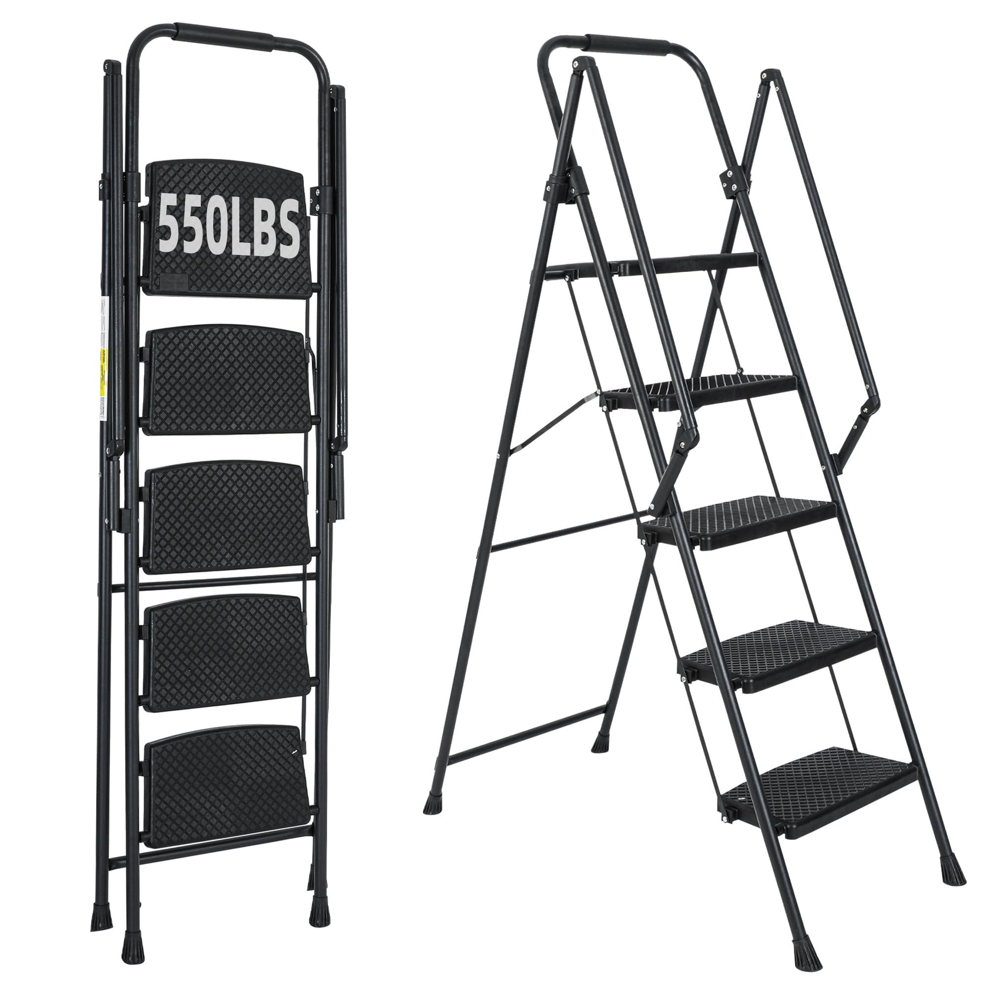 5 Step Ladder with Handrails, Folding Step Stool with Wide Anti-Slip ...