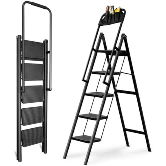5 Step Ladder with Handrails, Ladders for Home with Removable Tool Bag ...