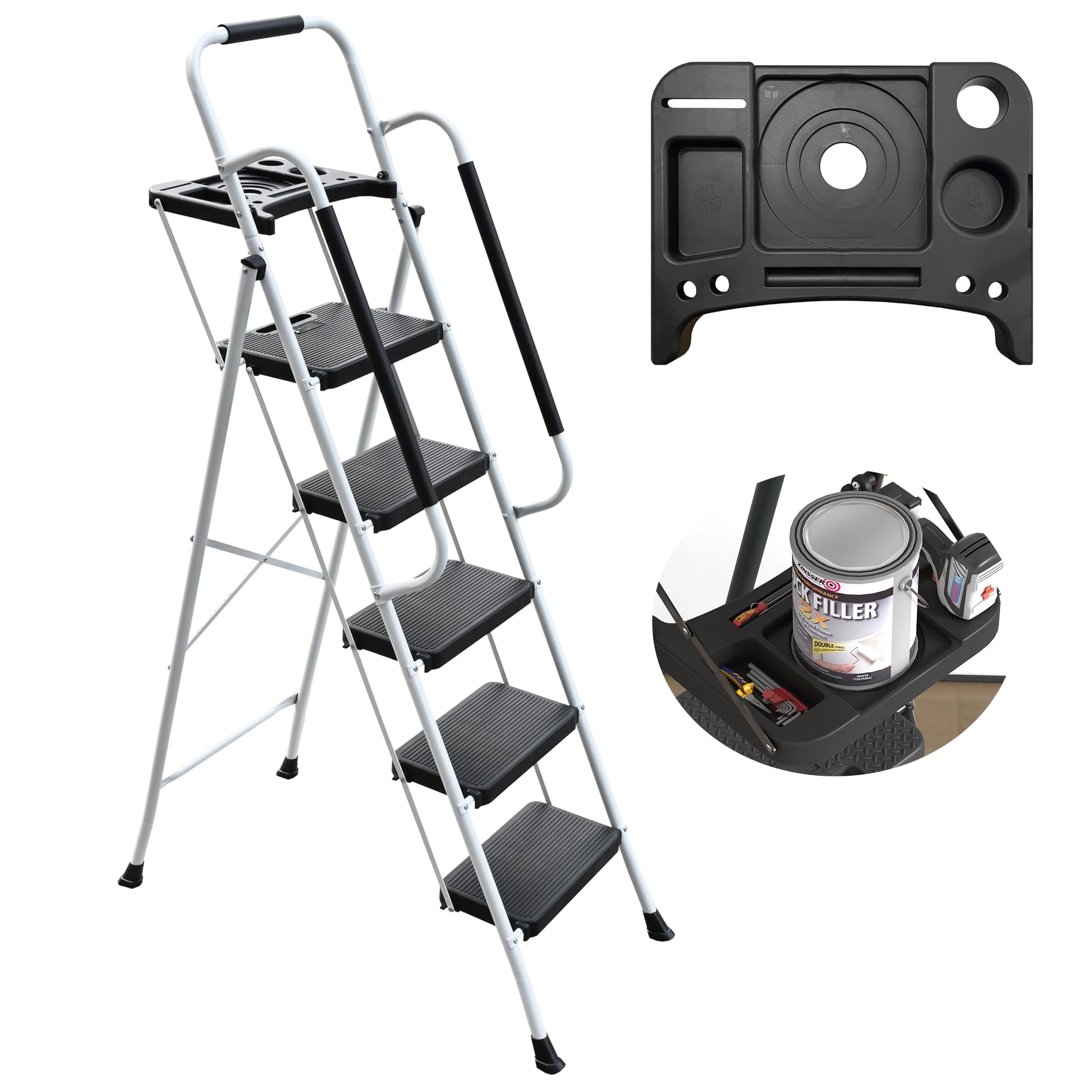 5 Step Ladder with Handrails & Tool Tray, 500 lb Folding Step Stool ...