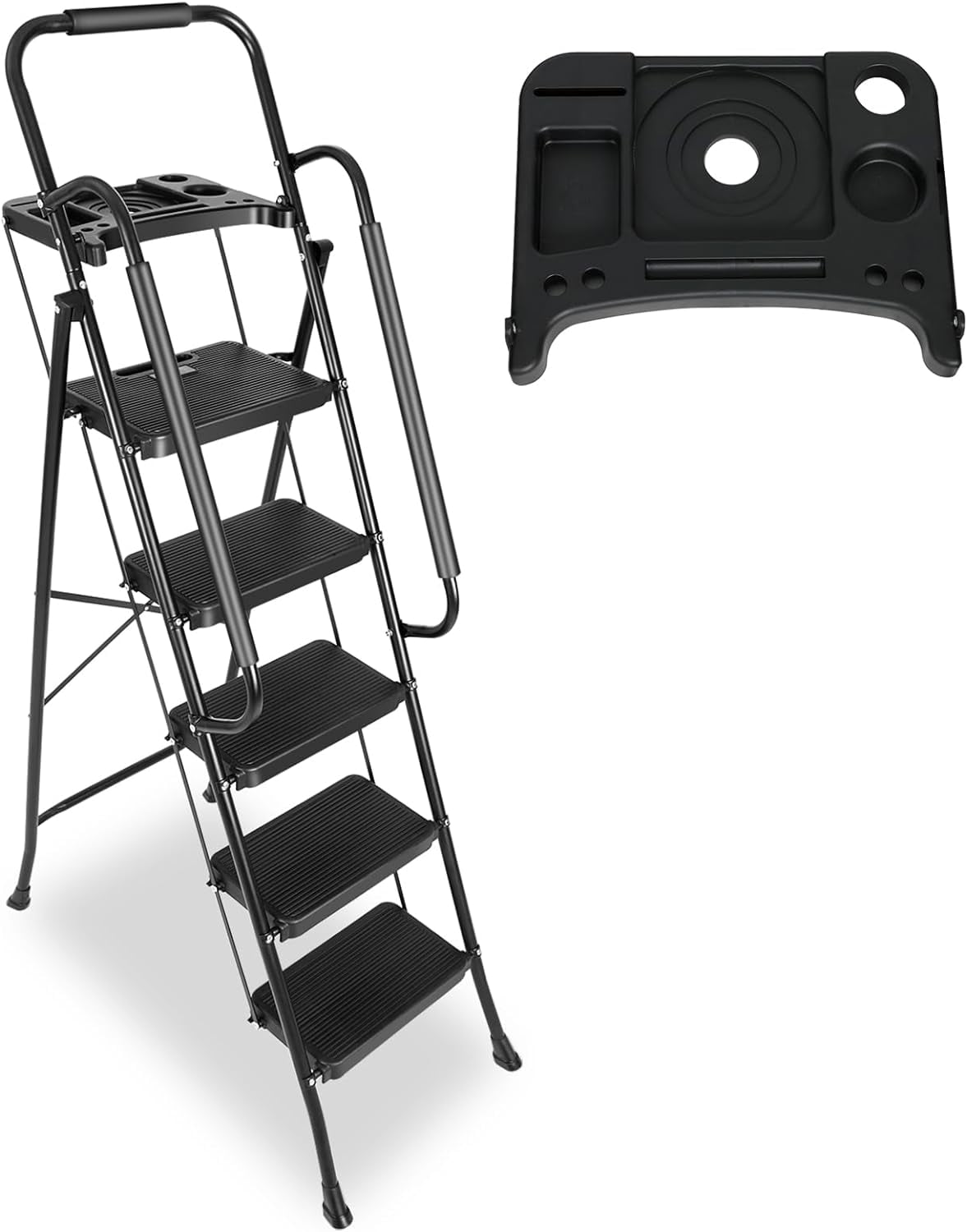5 Step Ladder with Handrails & Tool Tray Platform, 330 lbs Folding Step ...