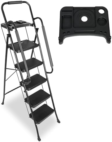 5 Step Ladder with Handrails & Tool Tray Platform, 330 lbs Folding Step ...