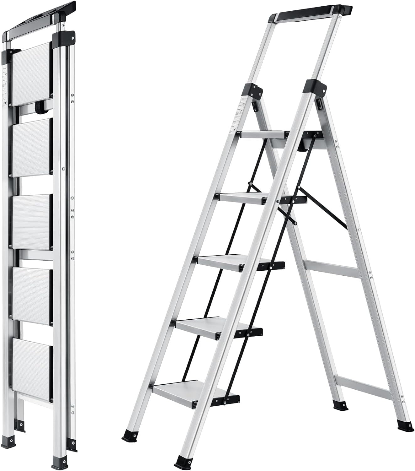 5 Step Ladder, Retractable Handgrip Folding Step Stool with Anti-Slip ...