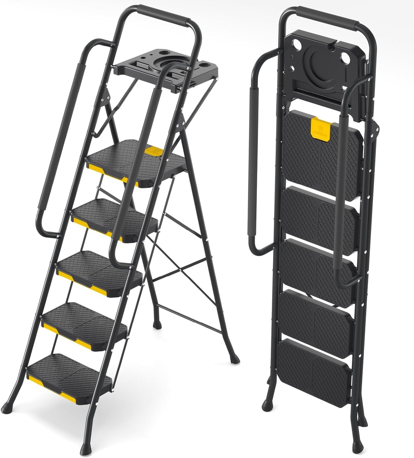 5 Step Ladder with Tool Platform, Folding Step Stool with Handrails ...