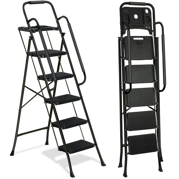 5 Step Ladder w/ Tool Platform Anti-Slip Wide Pedal Black Step Stool ...