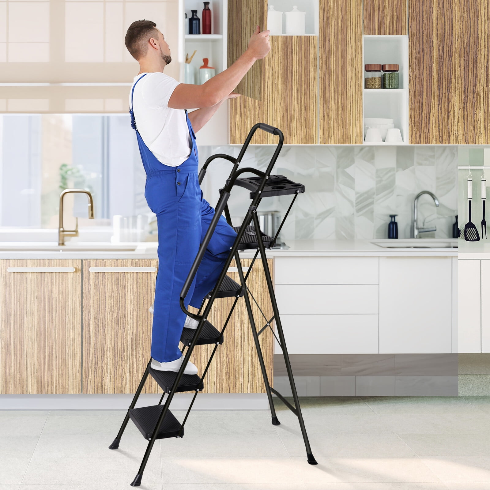 5 Step Ladder w/ Tool Tray Folding Step Stool Wide Non-Slip Pedal ...