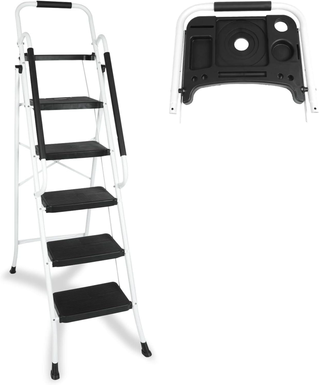 5 Step Ladder with Handrails & Tool Tray Platform, Portable Steel ...