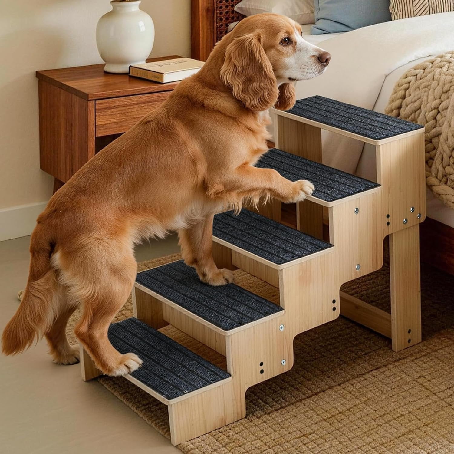 5-Step Wooden Steps for Bed, Anti-Slip Stairs with Carpet Pads, 23.6 ...
