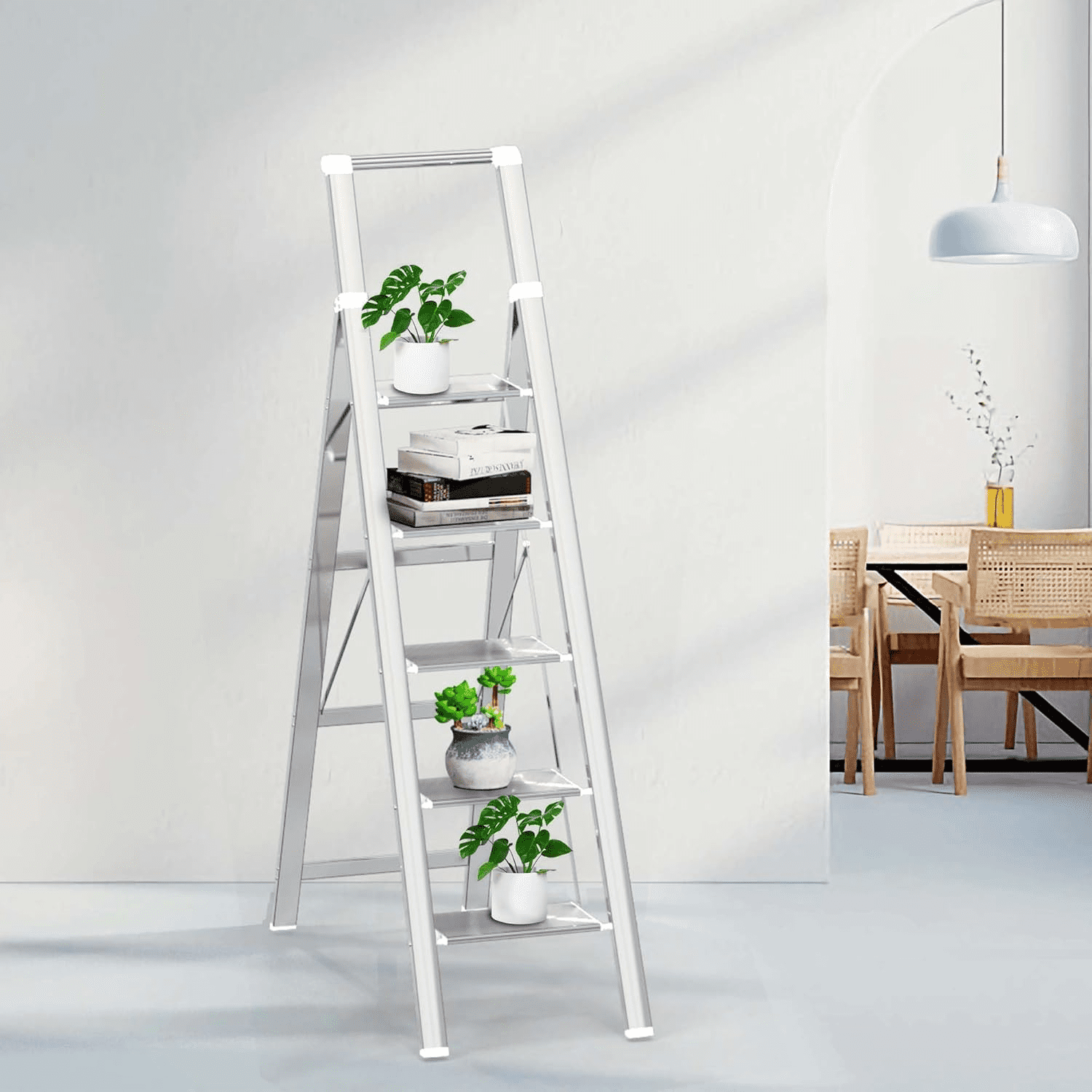 5 Steps Lightweight Aluminum Ladder for 10 Feet High Ceiling, Folding ...