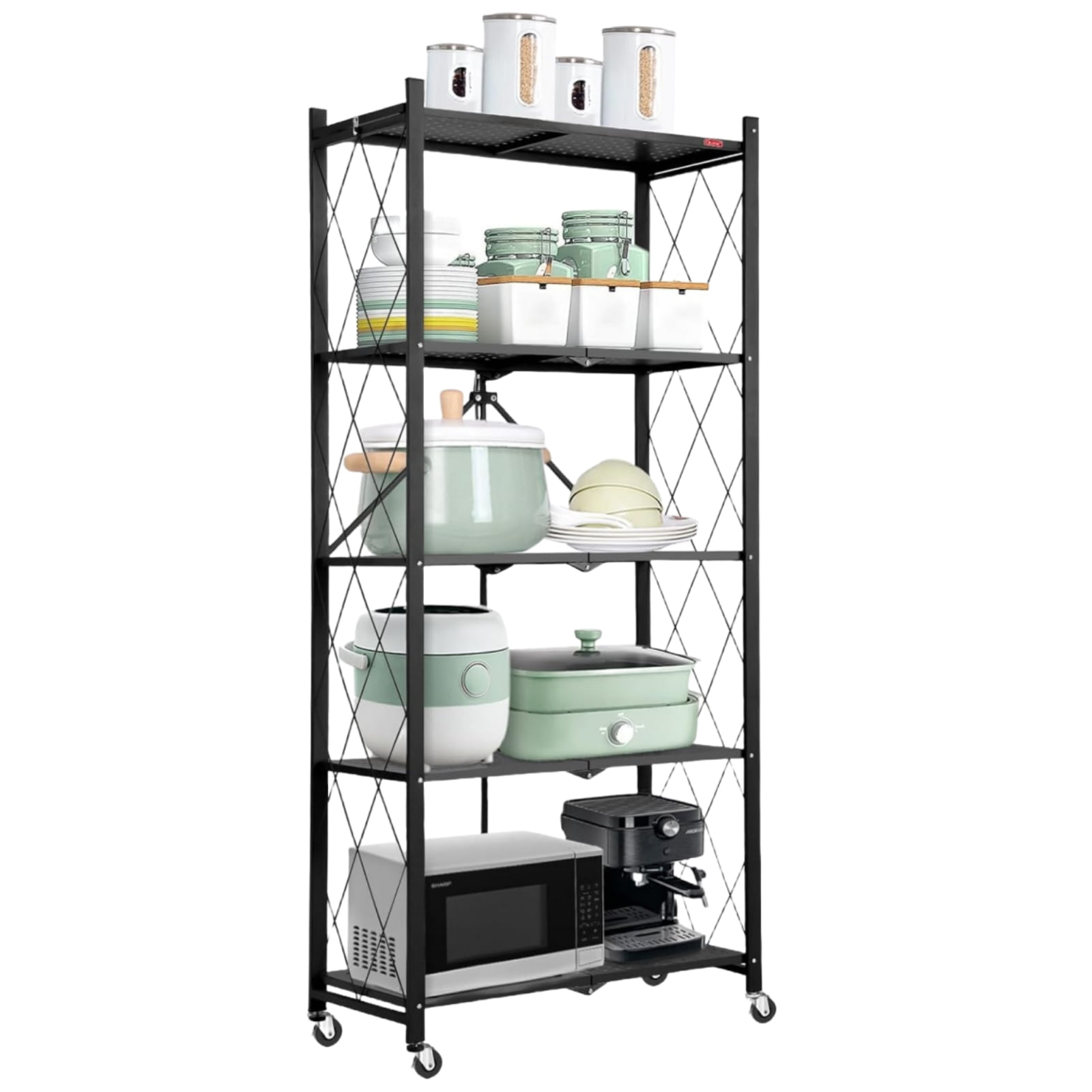 5-Tier Foldable Metal Storage Shelves, Movable Heavy Duty Rack with ...