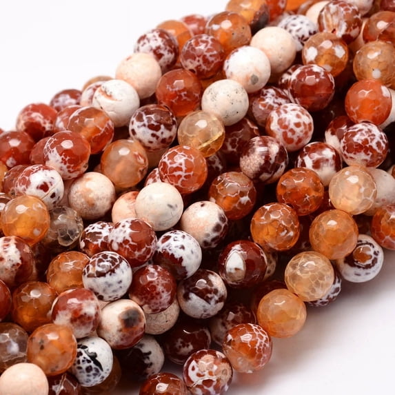 5 Strand Dyed Natural Fire Agate Faceted Round Beads Strands Coral 16mm ...