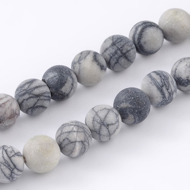 5 Strand Round Frosted Natural Black Silk Stone/Netstone Bead Strands ...