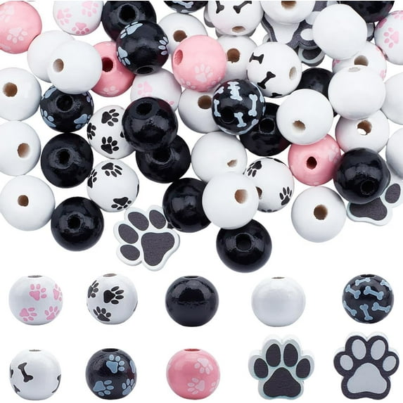 5 Styles 210PCS Dog Paw Print Beads with Large Holes Wood European Pet ...