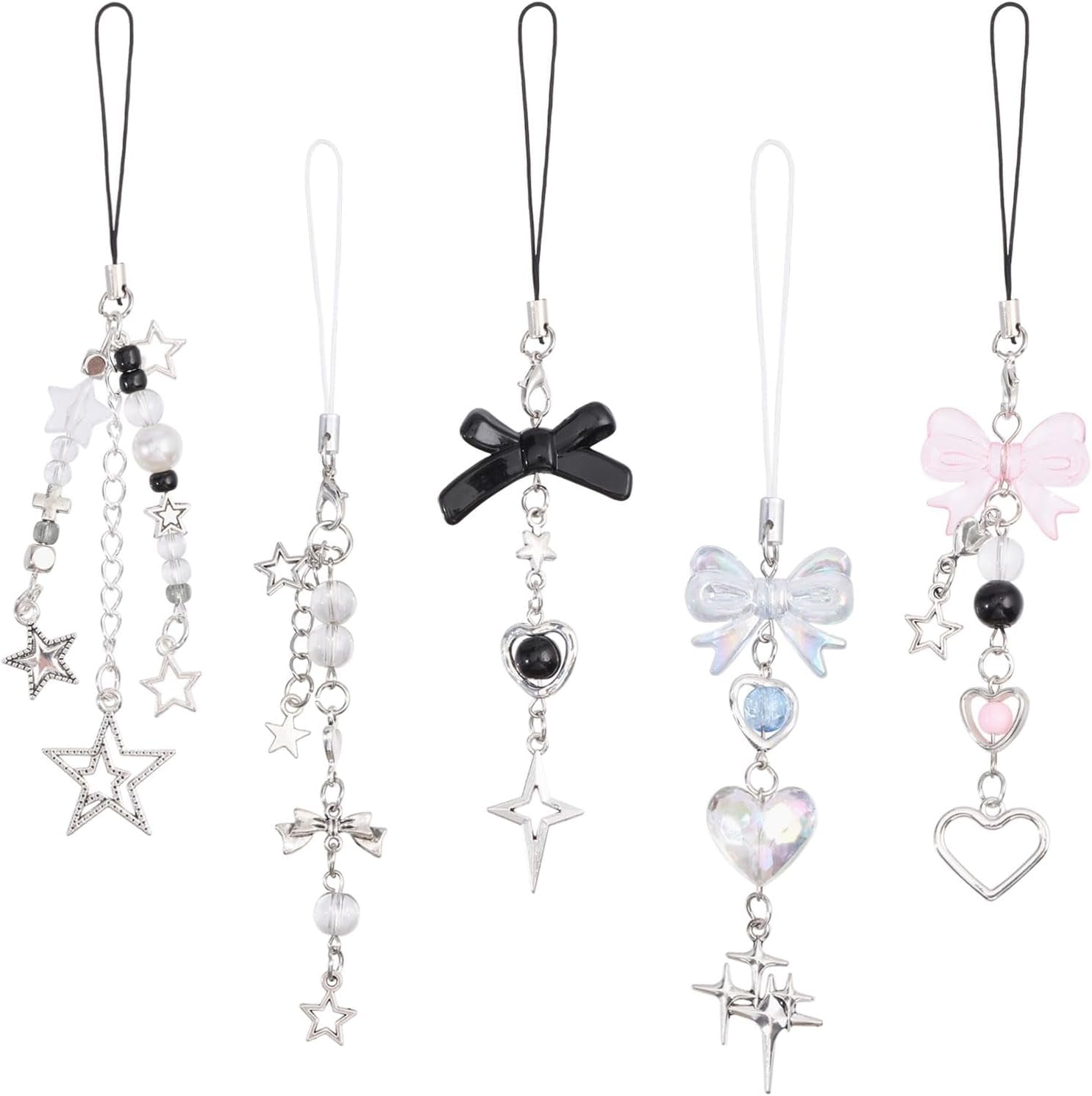 5 Styles Alloy Plastics Beaded Mobile Phone Lanyard Wrist Strap Star ...