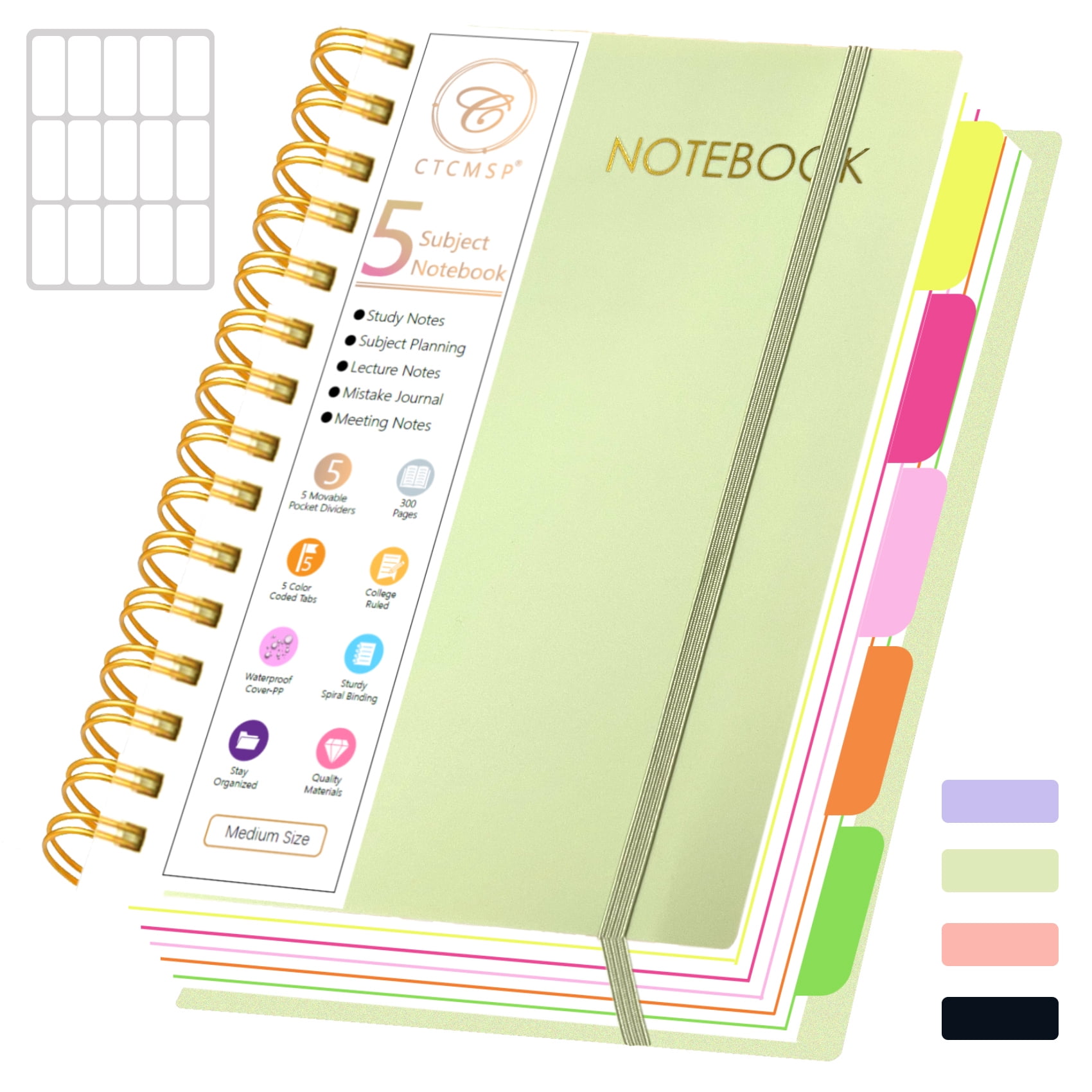 5 Subject Spiral Notebook with Removable Dividers Tabs Hardcover ...