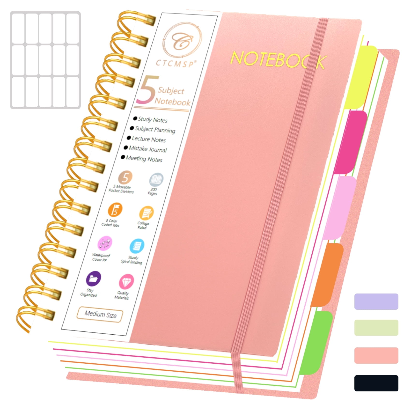 5 Subject Spiral Notebook with Removable Dividers Tabs Hardcover ...