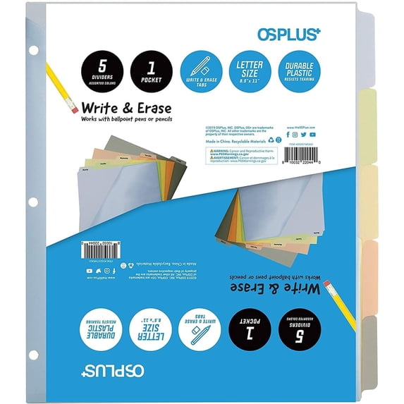 5-Tab, Write and Erase, Binder Dividers with Single Pocket, Assorted, 1 ...
