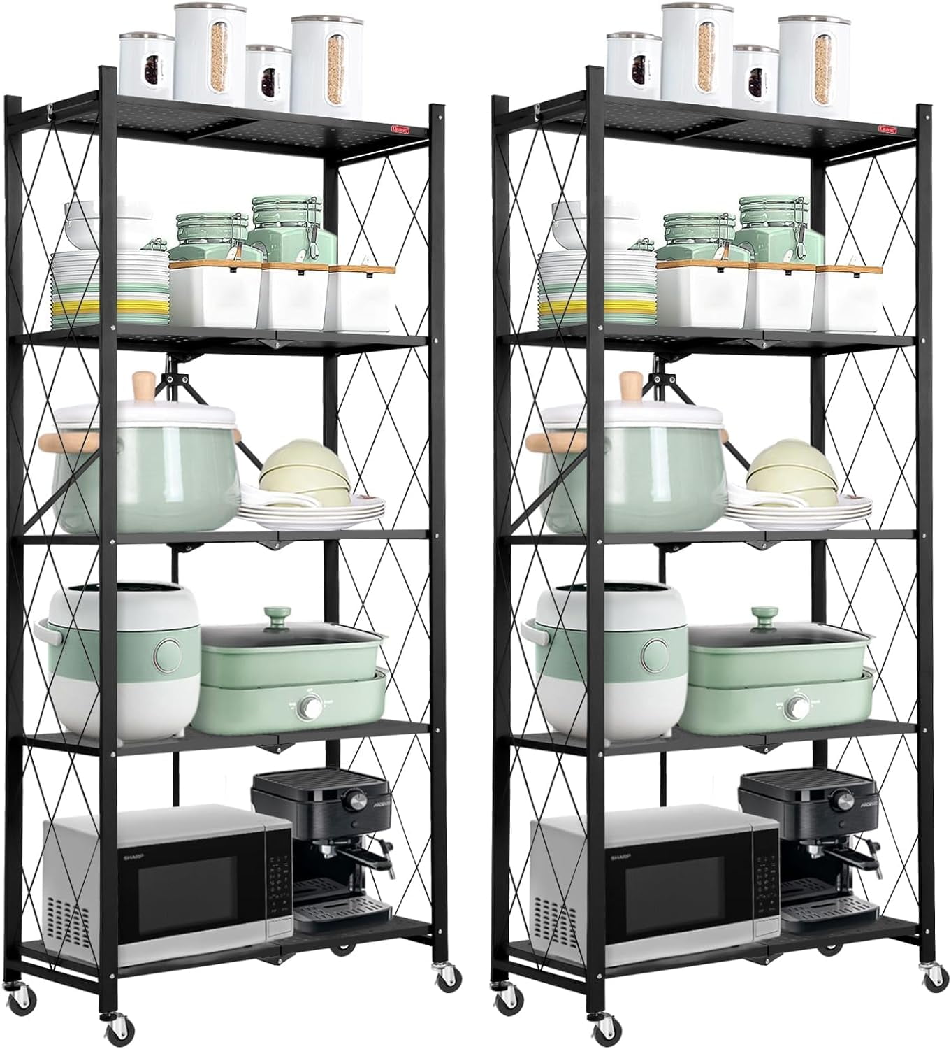 Walmart 5-Tier Folding Steel Rack, 2 Pack Metal Shelf with Wheels, 27.9 ...