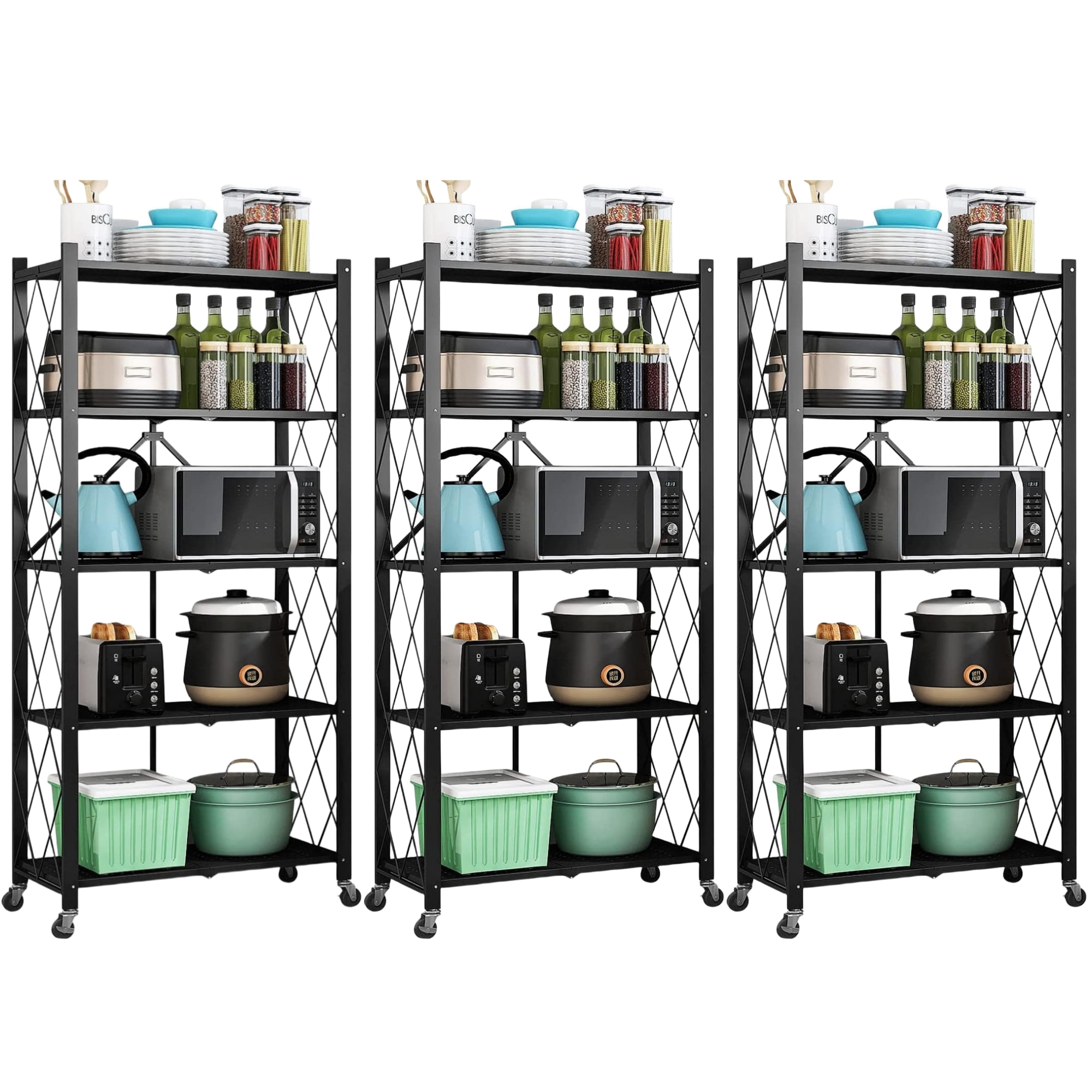 5-Tier 3 Pack Foldable Storage Shelf with Wheels, Heavy Duty Metal ...
