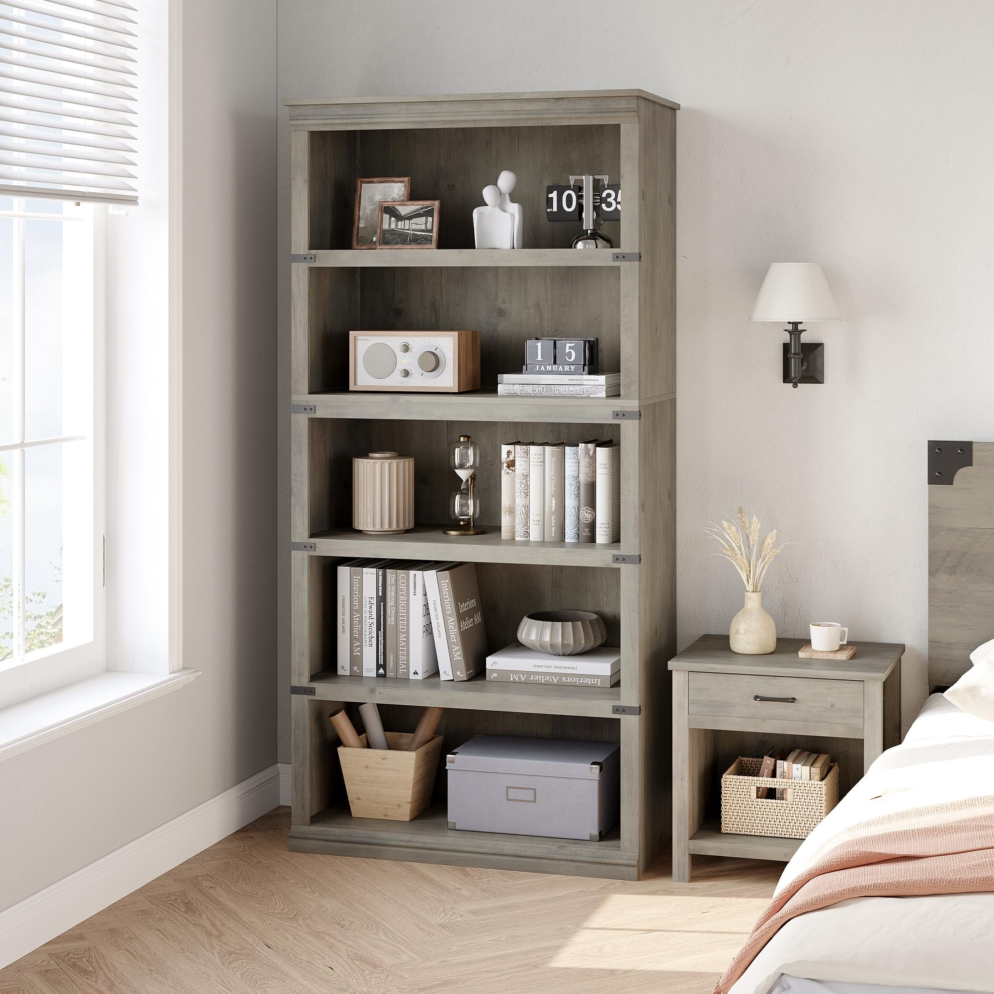 5-Tier/3-Tier Bookshelves and Bookcases, Farmhouse Book Shelf with ...