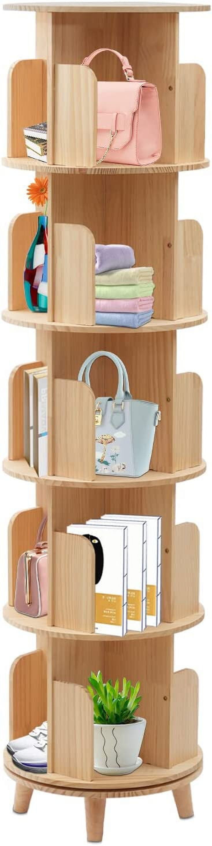 5 Tier 360 Rotating Bookshelf Brown with Legs, Wood Round Bookshelf ...
