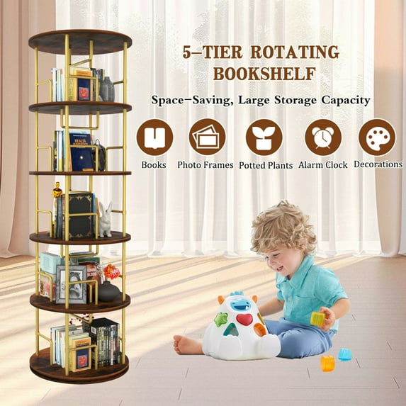 5-Tier 360 ° Rotating Bookshelf Wood & Metal Round Spinning Tower Gold ...