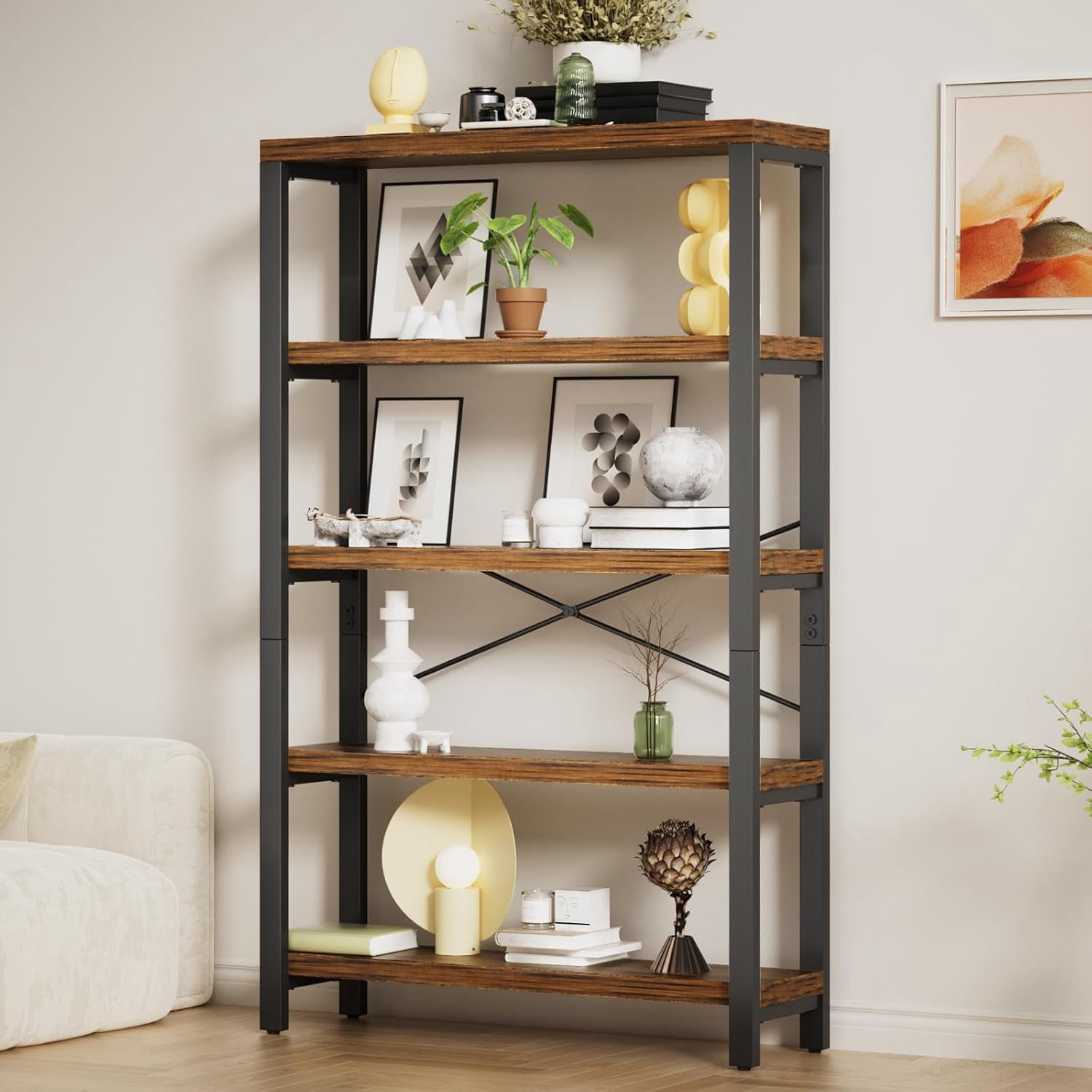 5-Tier 39.37" Wide Heavy Duty Bookshelf, Wood and Metal Bookshelf ...