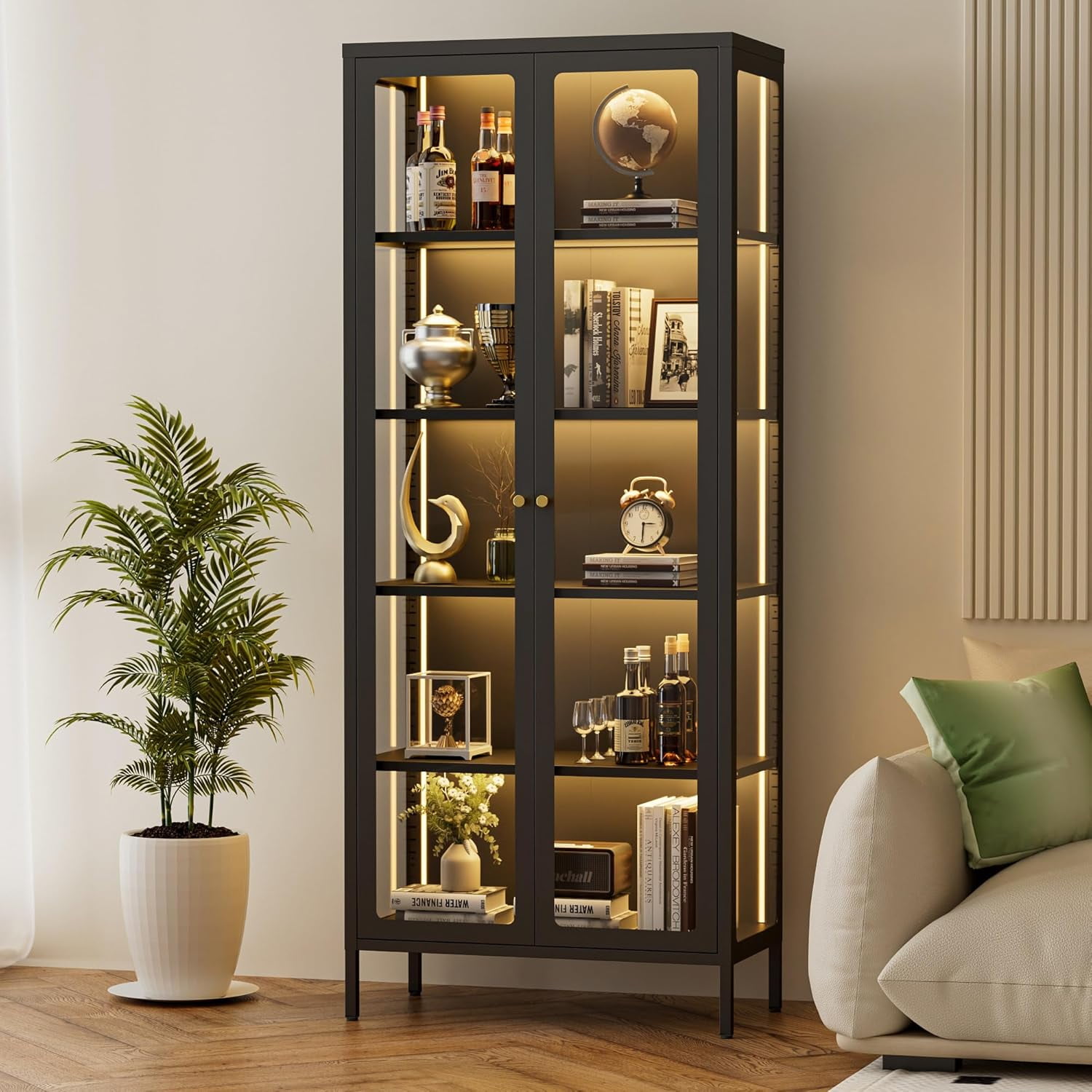 5-Tier 67"Glass Display Cabinet with LED Lights, Metal Curio Cabinets ...