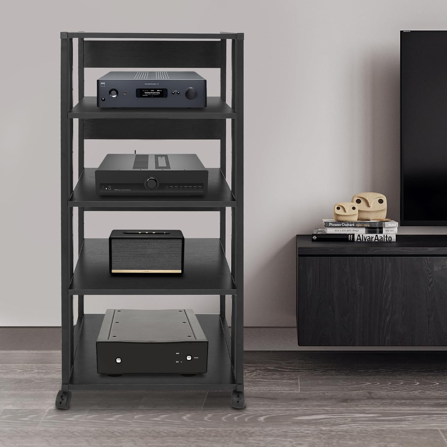 5-Tier AV Media Stand Rack with Wheels Black Stereo Audio Rack Stand ...