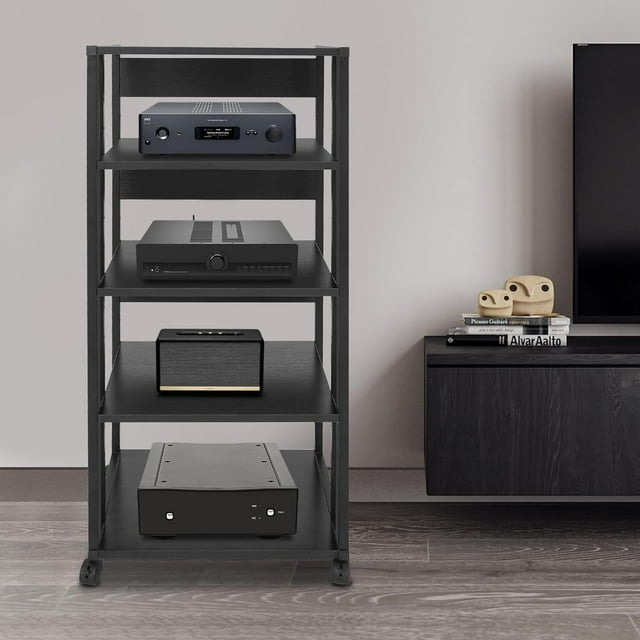 5-Tier AV Media Stand Rack with Wheels Black Stereo Audio Rack Stand ...