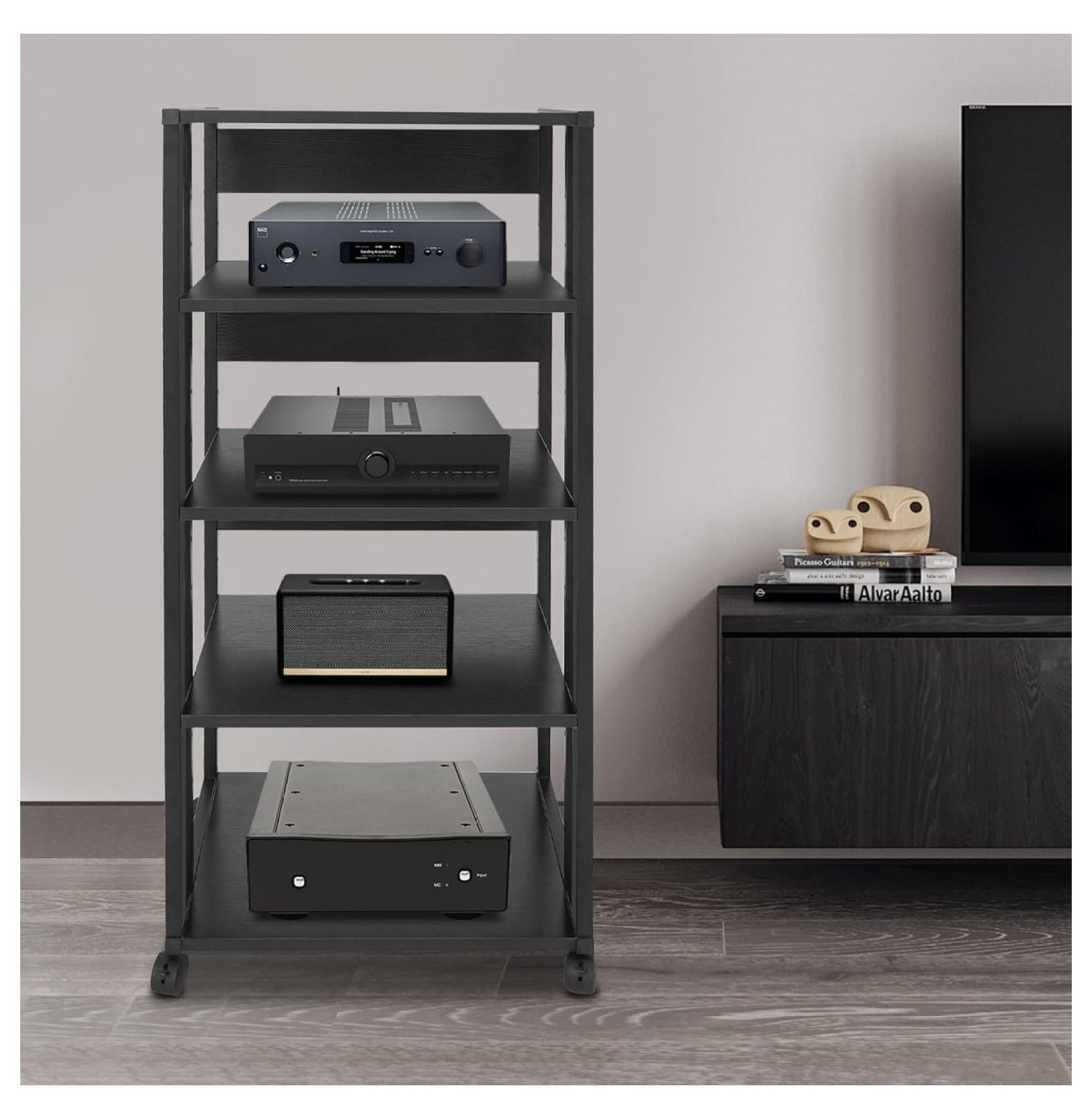 5-Tier AV Media Stand Rack with Wheels Black Stereo Audio Rack Stand ...